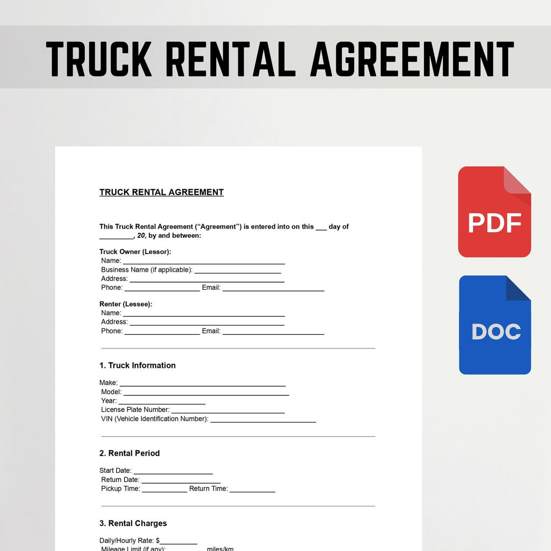 Truck Rental Agreement Template: Editable PDF & DOC Instant Download - Etsy