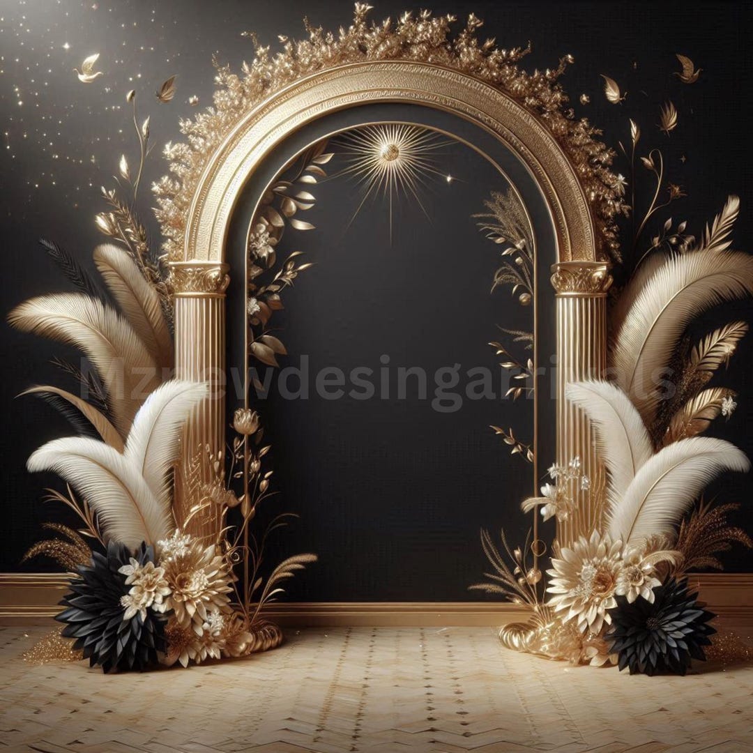 Black & Gold Arch Photography Backdrop, Feathers, Flowers (digital ...