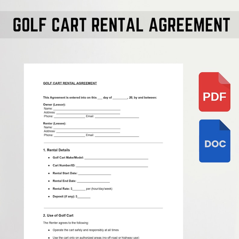 Golf Cart Rental Agreement Template: Editable DOC & PDF Form - Etsy