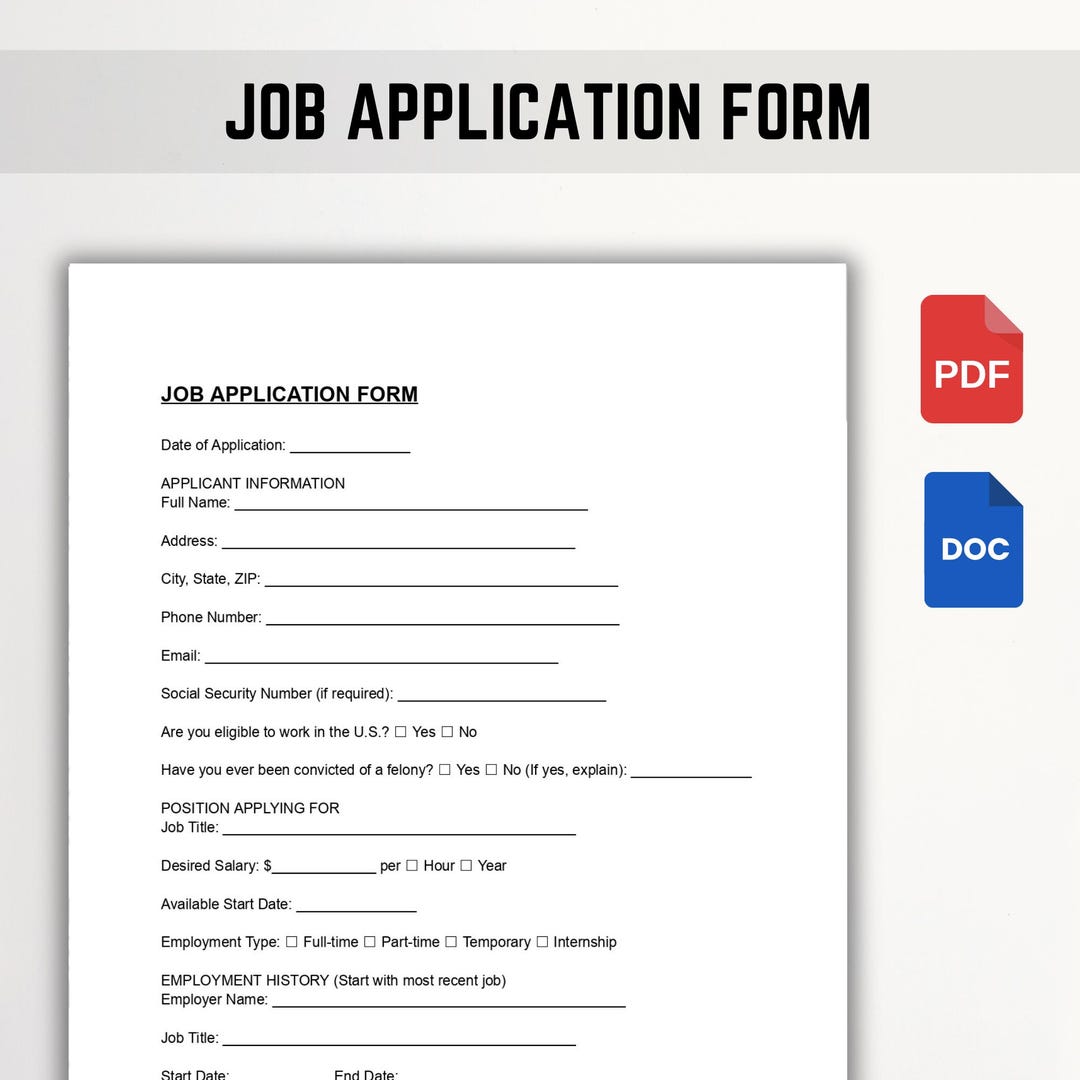 Editable Job Application Template: Printable Employment Form (PDF, DOCX ...