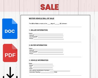 Editable Motor Vehicle Bill of Sale. Car Sale Form. Bill of Sale ...