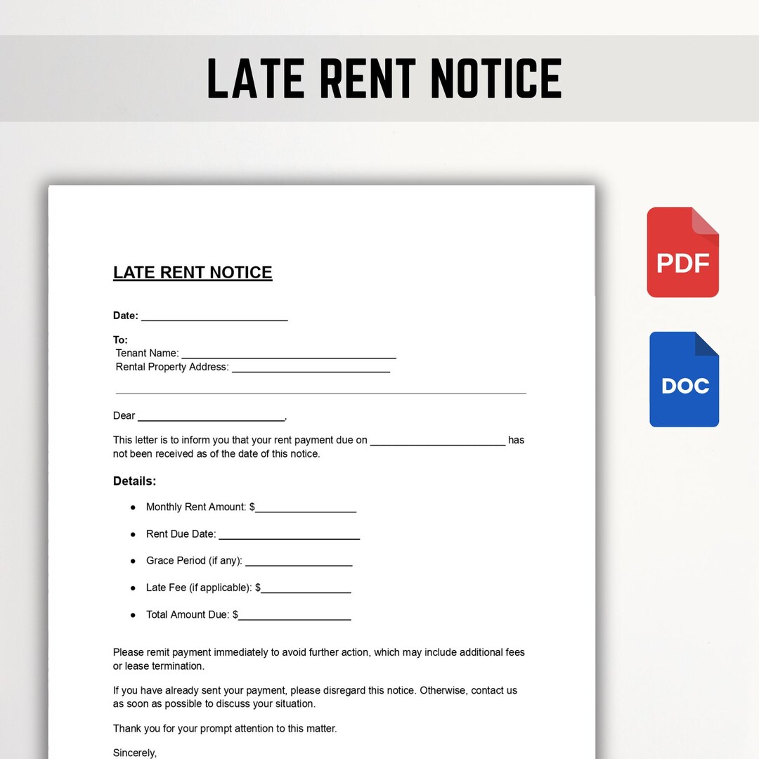Late Rent Notice Template | Rent Payment Reminder | Editable PDF, Word ...