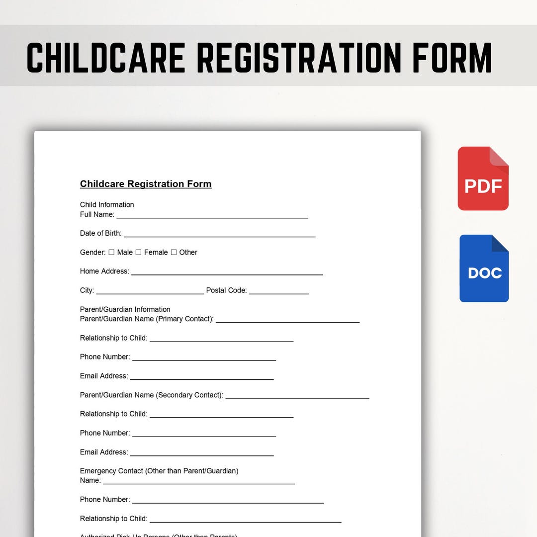 Childcare Registration Form Template – DOC ,PDF – Editable, Printable Daycare Enrollment Form ...