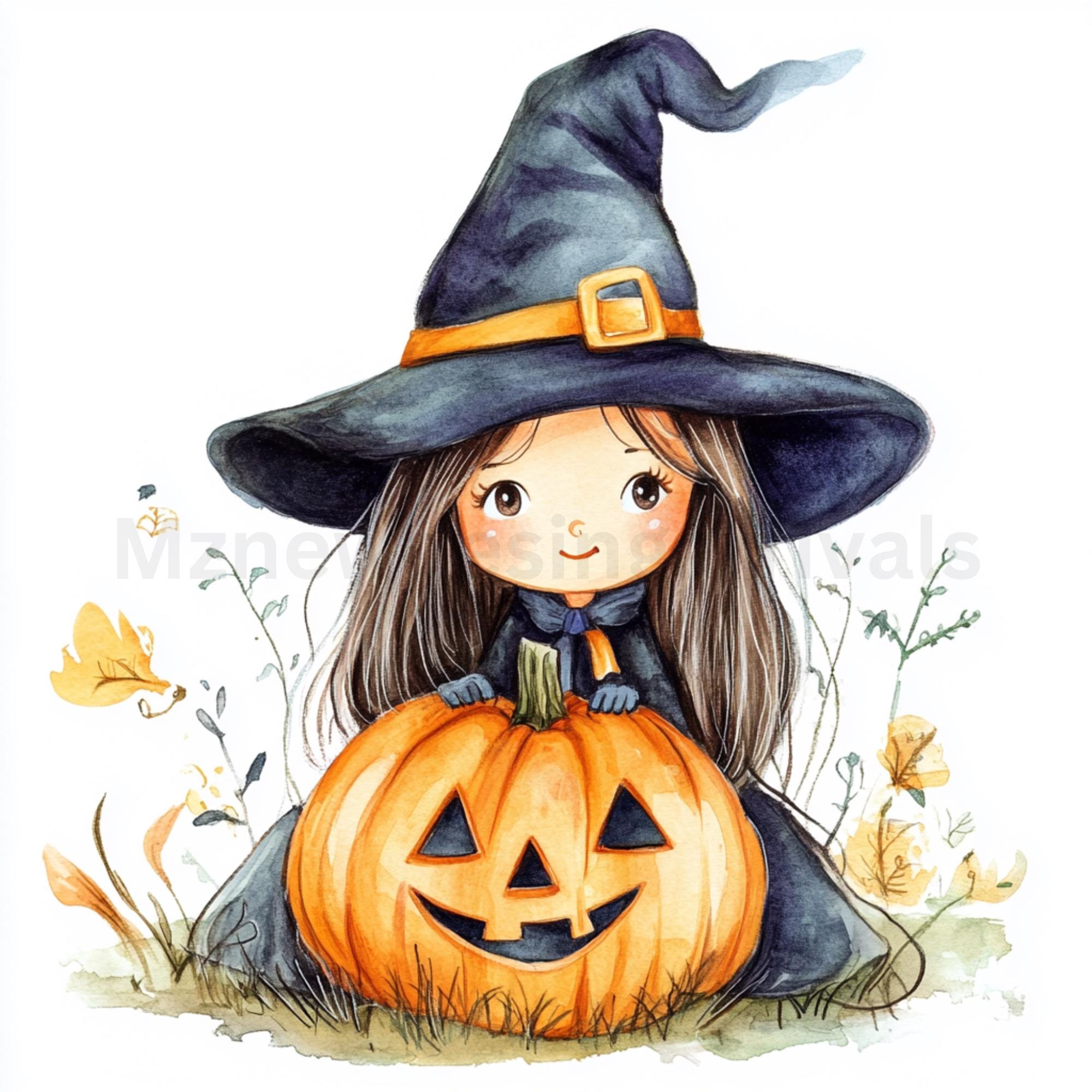 Little Witch Cartoon Clipart, Printable Watercolor Clipart, High ...