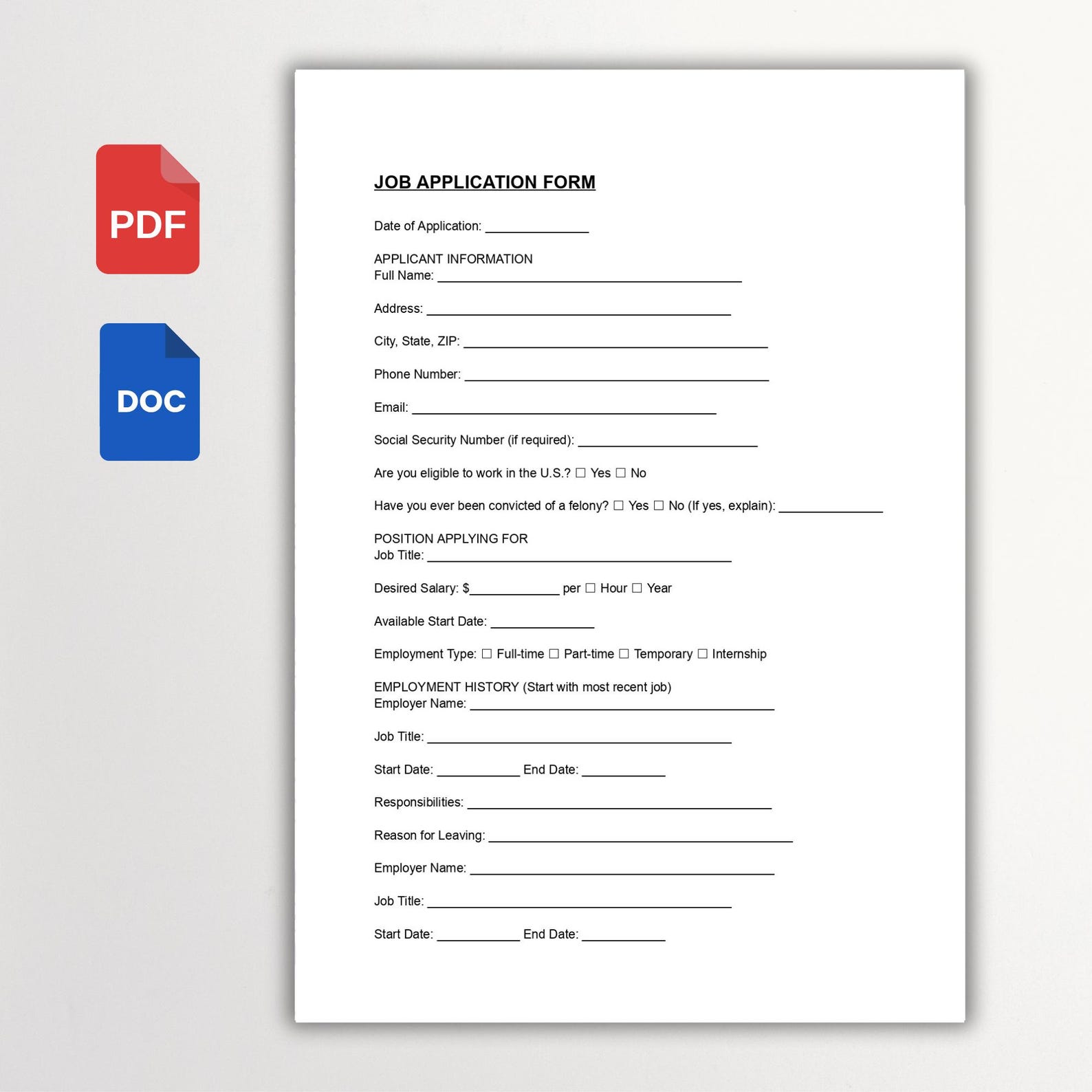 Editable Job Application Template: Printable Employment Form (PDF, DOCX ...