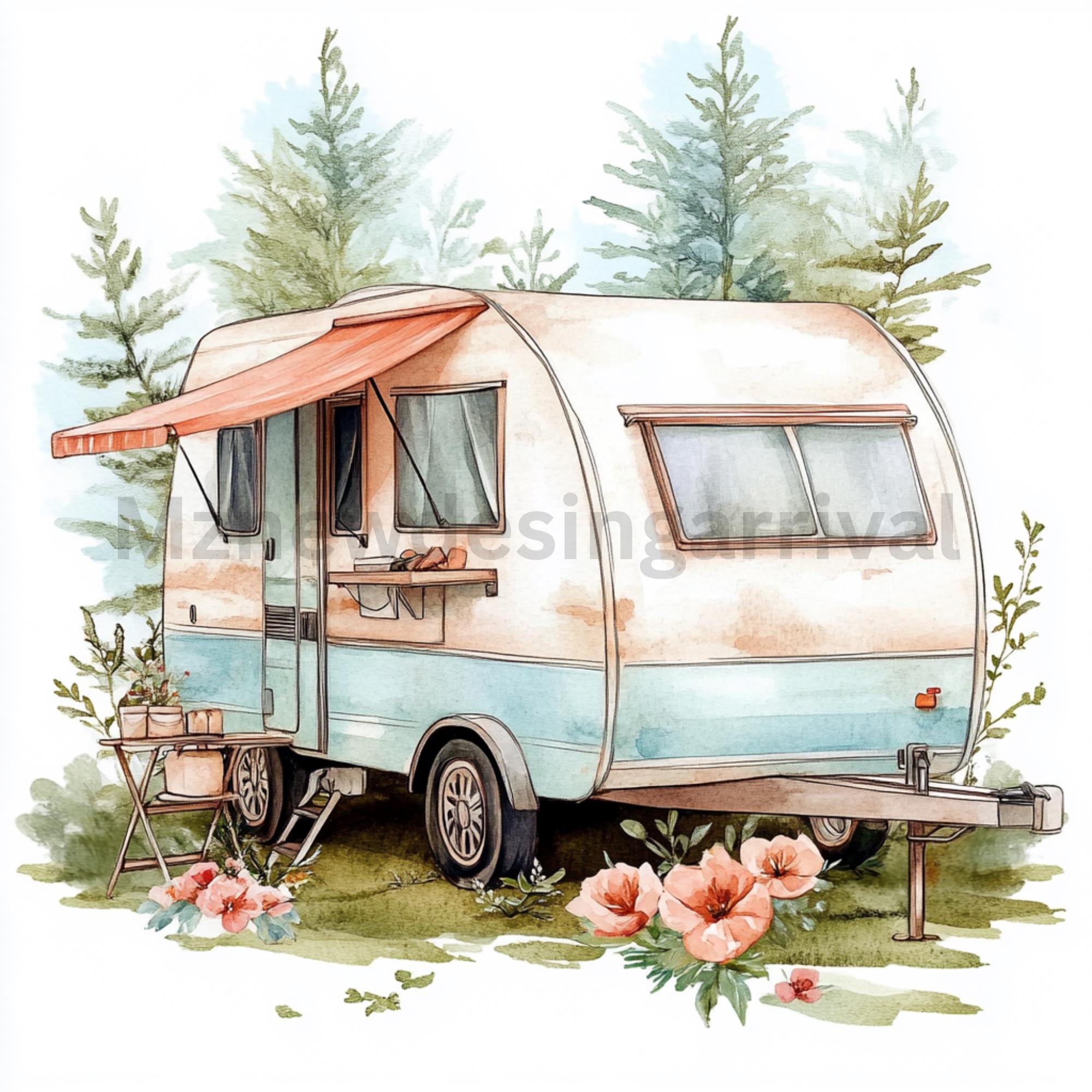 Camping Trailer Clipart Watercolor | Retro Camper PNG | Adventure ...