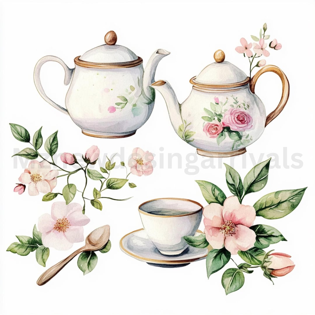 Vintage Tea Set Clipart, Floral Tea Set, Printable Watercolor Clipart ...