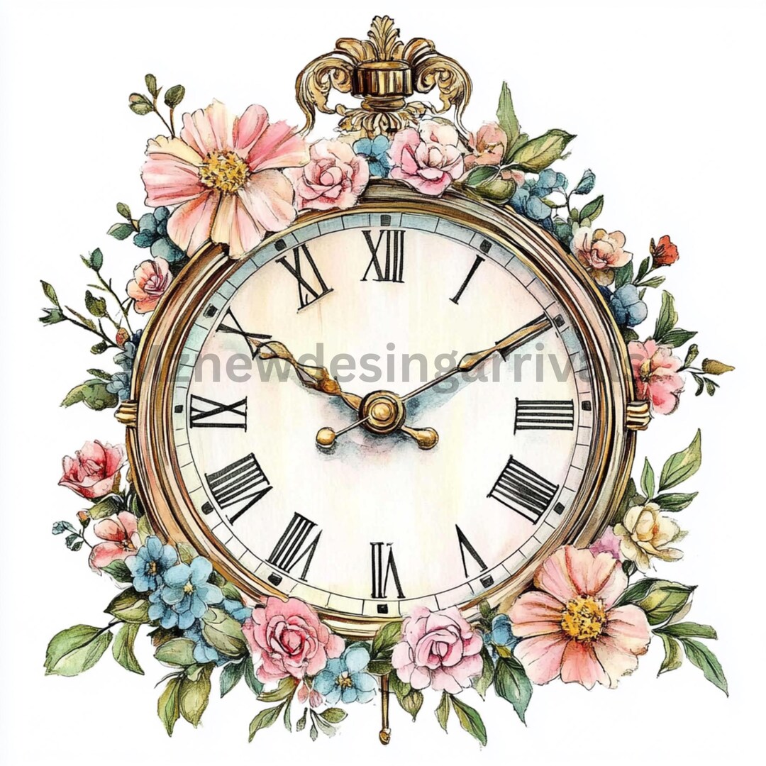Vintage Floral Clock Watercolor Clipart: Shabby Chic Designs (10 JPG ...