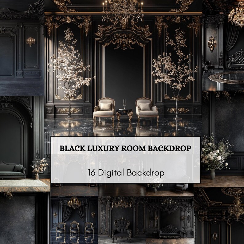 Luxury Black Photography Backdrop: Elegant Room Overlays (16 JPEG ...