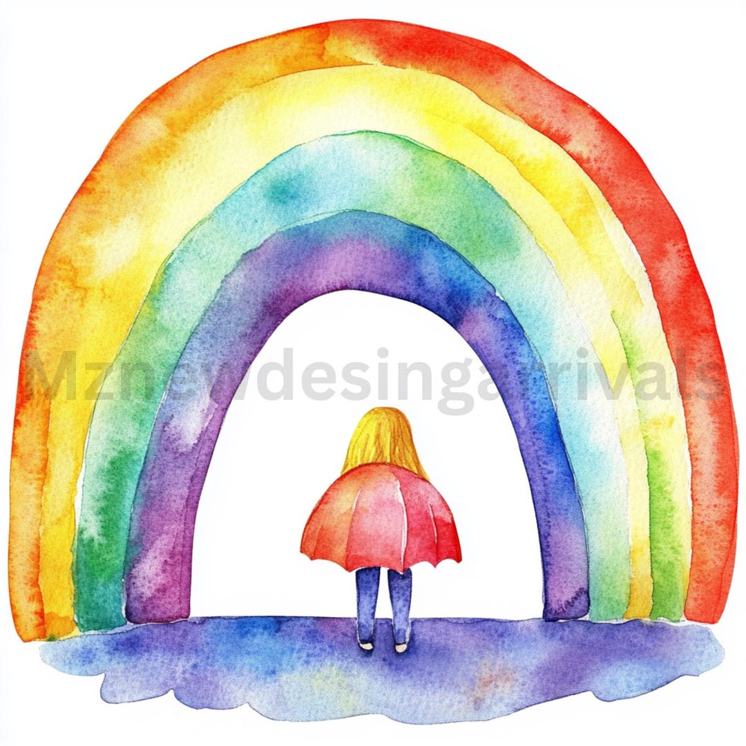 Girl and Rainbow Clipart, Nursery Rainbow, Printable Watercolor Clipart ...