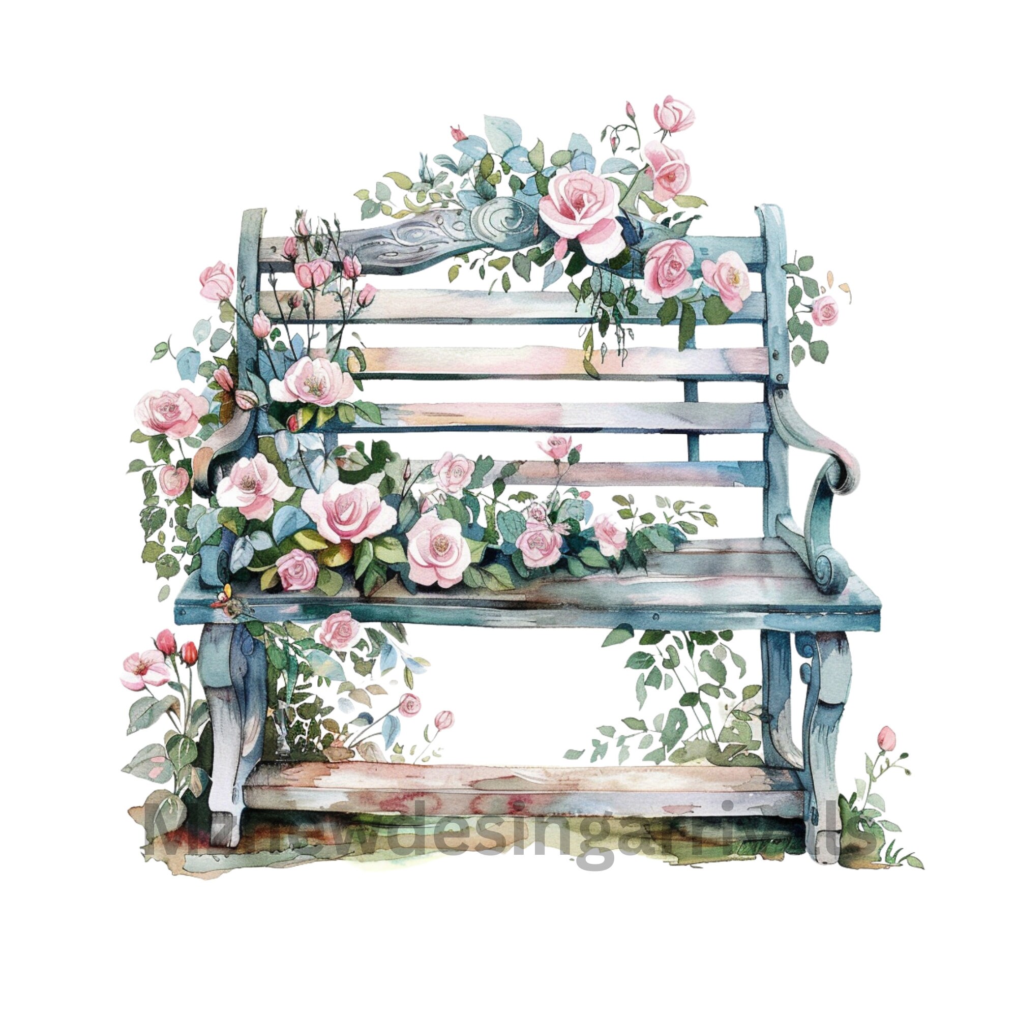 15 Vintage Floral Bench Clipart, Garden Bench, Printable Watercolor ...