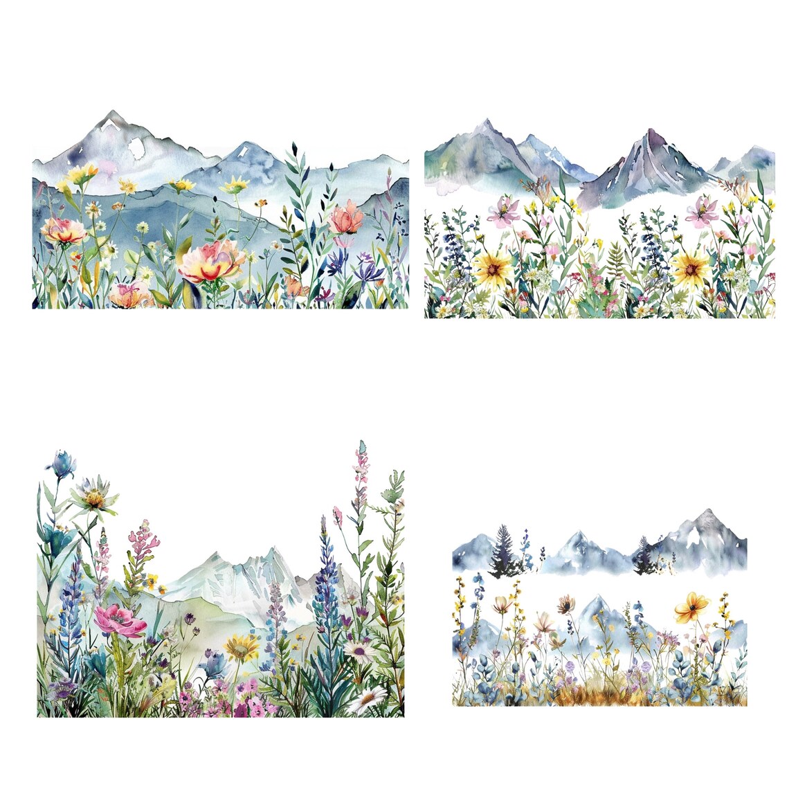 Watercolor Mountain Floral Borders: Rustic Wedding PNG Clipart (digital ...