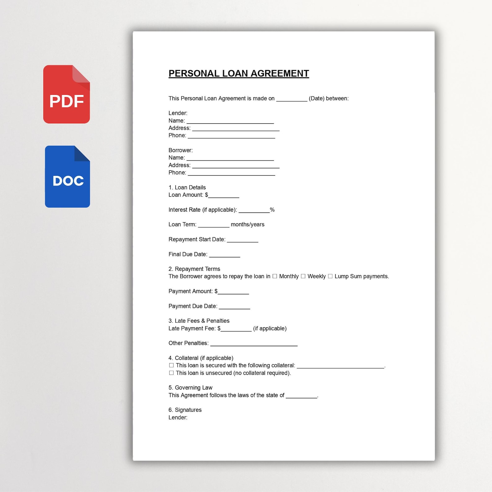 Personal Loan Agreement Template: Editable Contract (PDF, DOCX) - Etsy