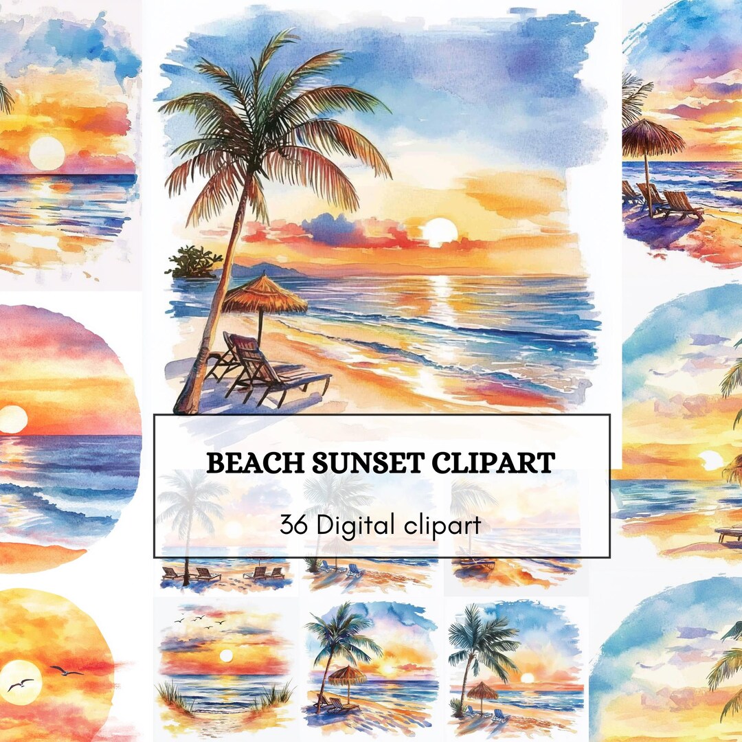Tropical Beach Watercolor Clipart | Sunny Beach & Palm Trees PNG ...