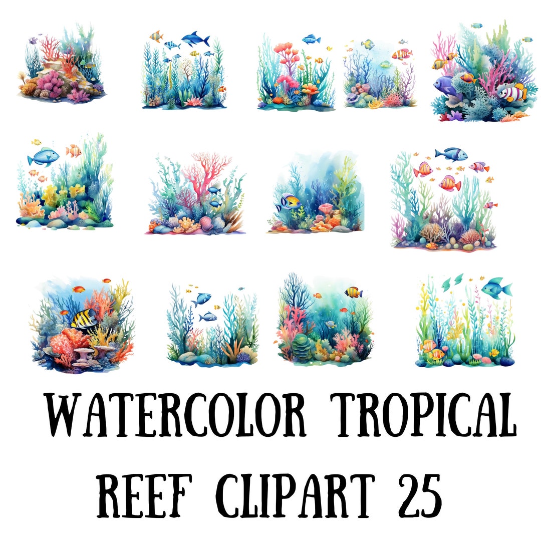 Watercolor Tropical Reef Clipart Ocean Seascape Coral Reefs, Beach ...