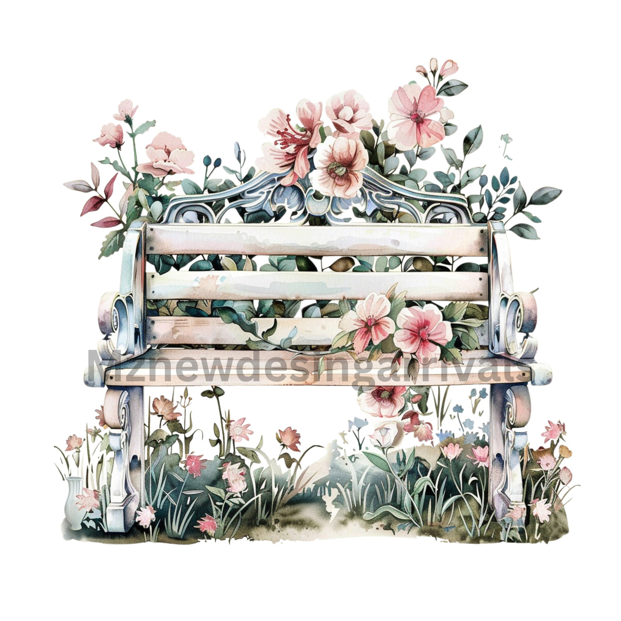 15 Vintage Floral Bench Clipart, Garden Bench, Printable Watercolor ...