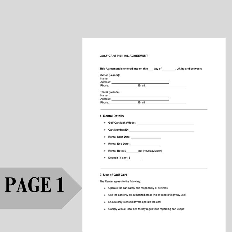 Golf Cart Rental Agreement Template: Editable DOC & PDF Form - Etsy
