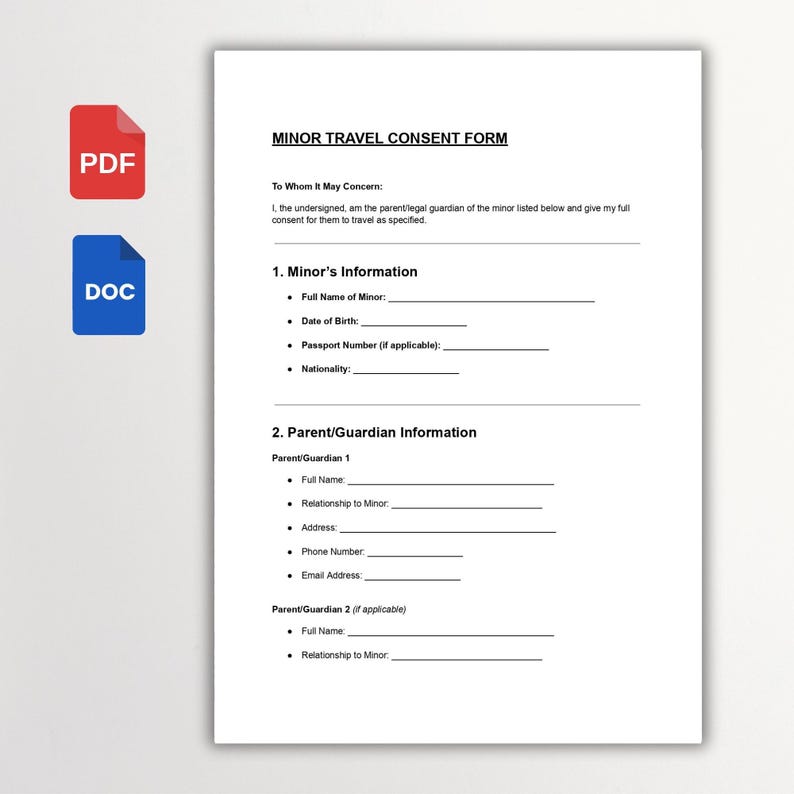 Minor Travel Consent Form Template: Editable DOC & PDF - Etsy