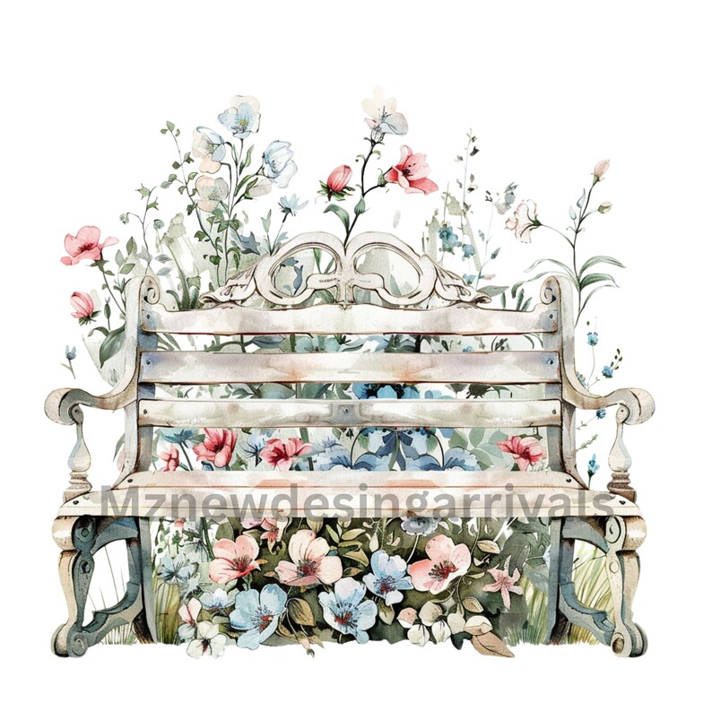 15 Vintage Floral Bench Clipart, Garden Bench, Printable Watercolor ...