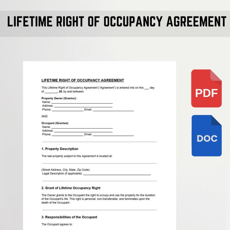 Lifetime Right of Occupancy Agreement Template – DOC & PDF – Editable, Printable Legal Housing ...