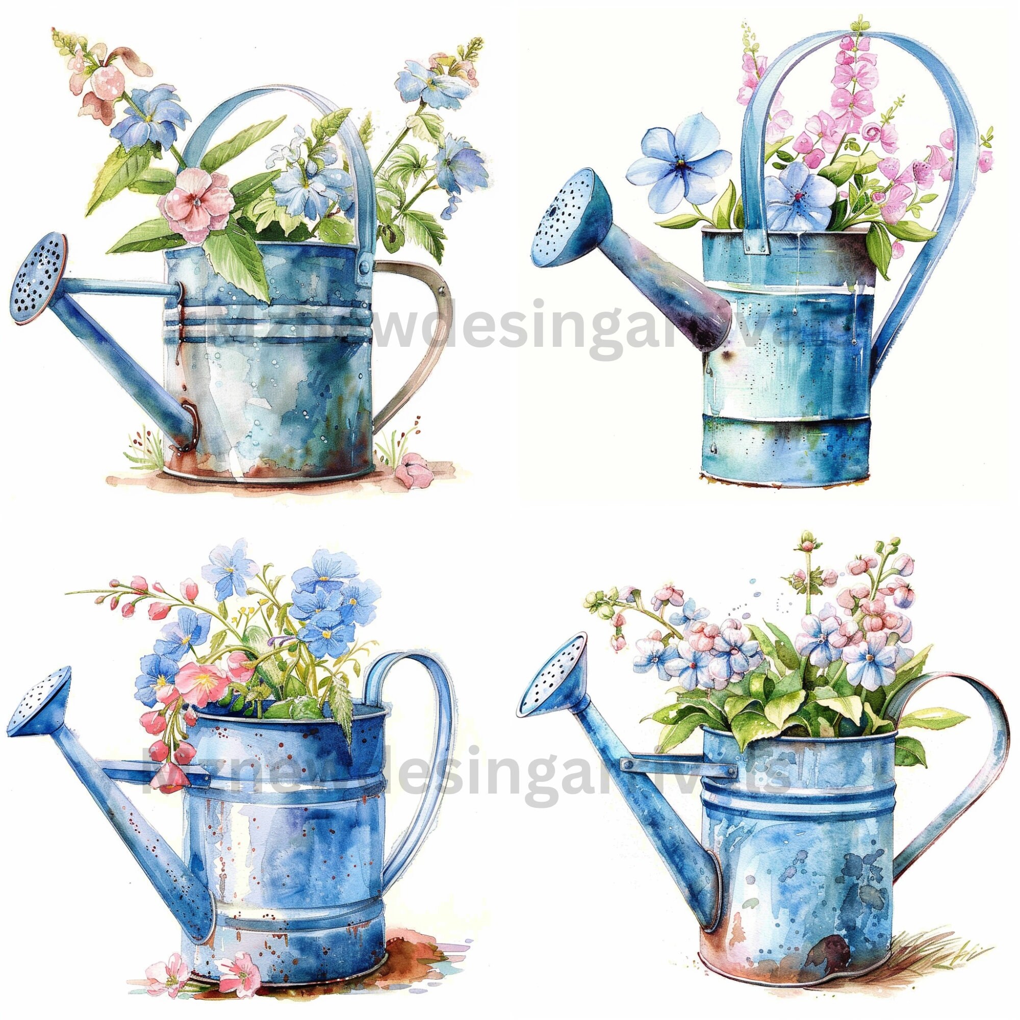 4 Floral Watering Can Clipart, Water Can, Printable Watercolor Clipart ...