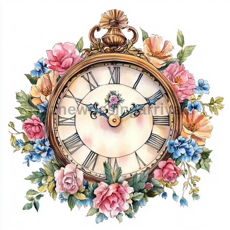 Vintage Floral Clock Watercolor Clipart: Shabby Chic Designs (10 JPG ...