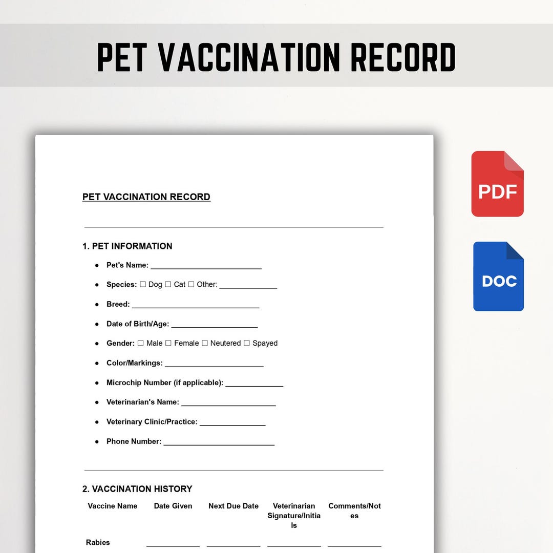 Pet Vaccination Record Template | Printable Vet Shot Record | Editable ...