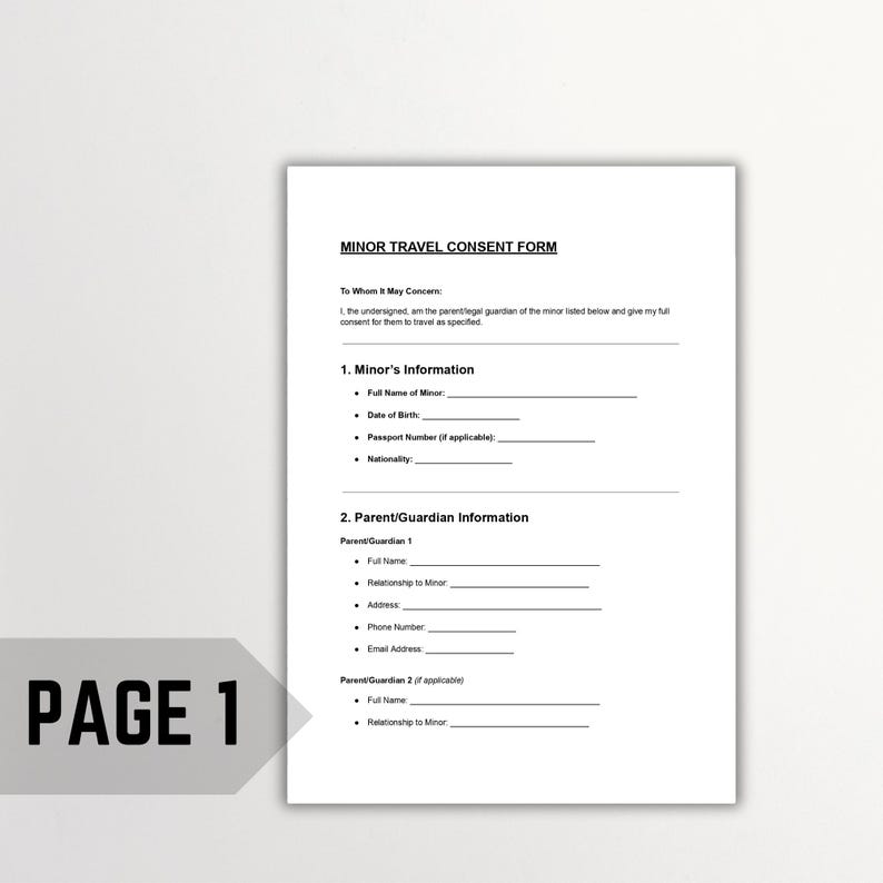 Minor Travel Consent Form Template: Editable DOC & PDF - Etsy