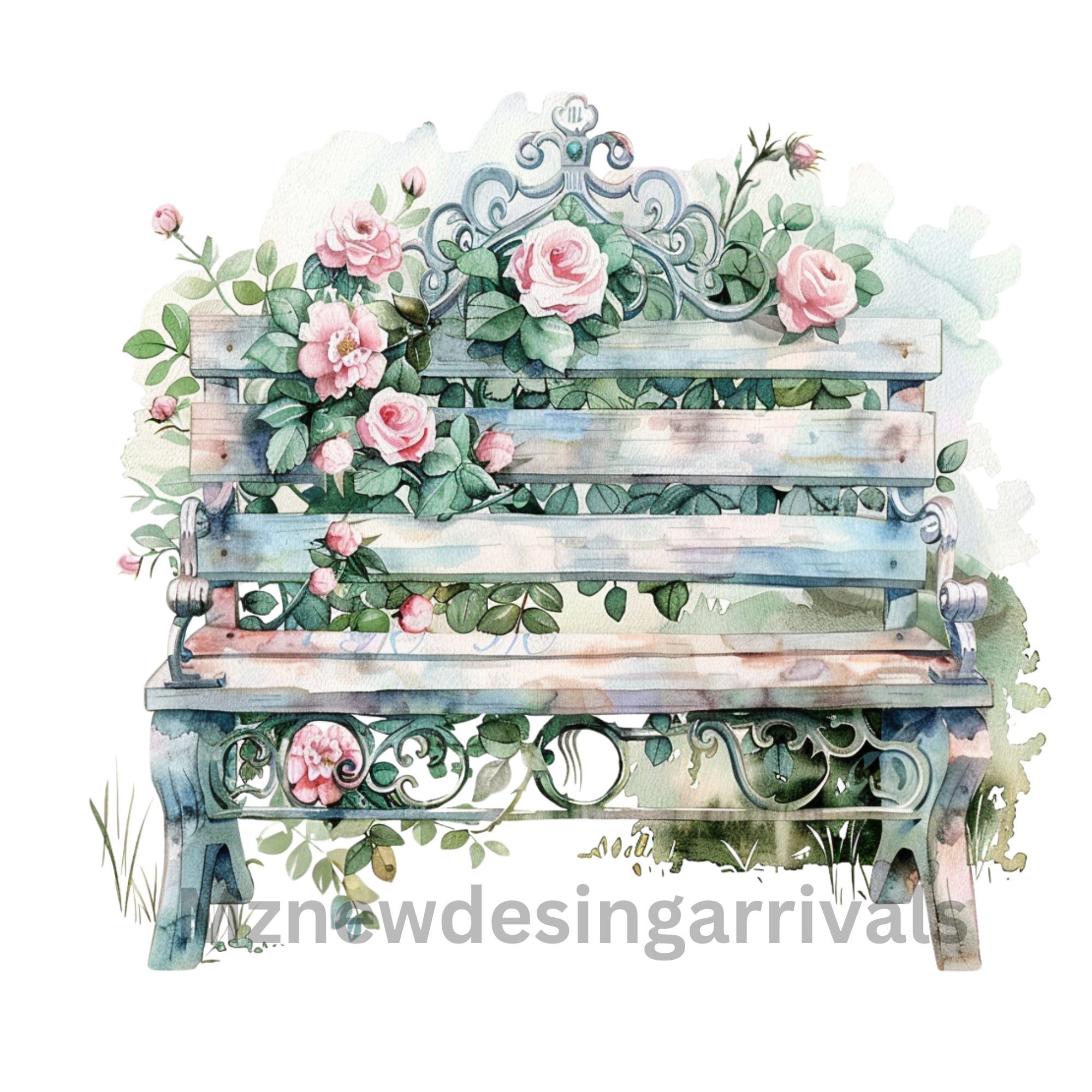 15 Vintage Floral Bench Clipart, Garden Bench, Printable Watercolor ...
