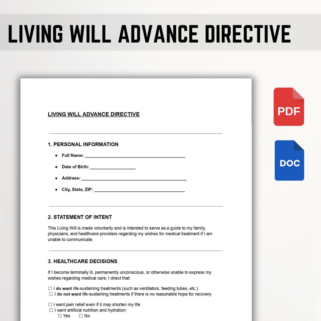Living Will & Advance Directive Template | Editable PDF, Word , Google ...