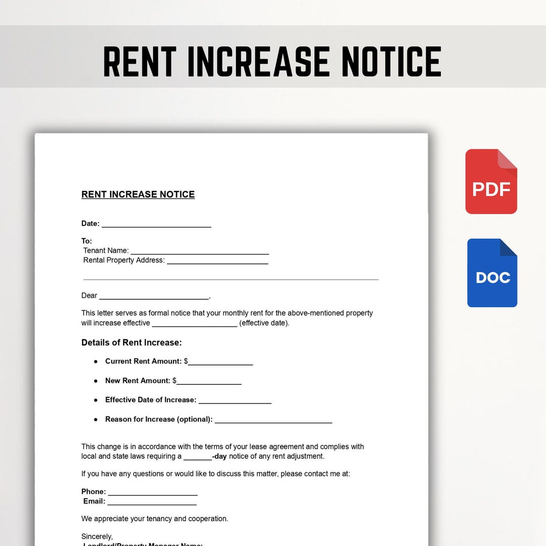 Rental Increase Notice | Editable Rent Increase Form | Word Document ...