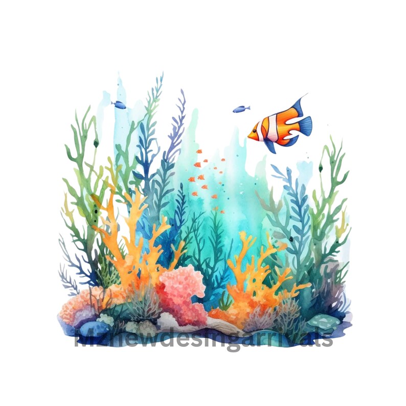 Watercolor Tropical Reef Clipart Ocean Seascape Coral Reefs, Beach ...