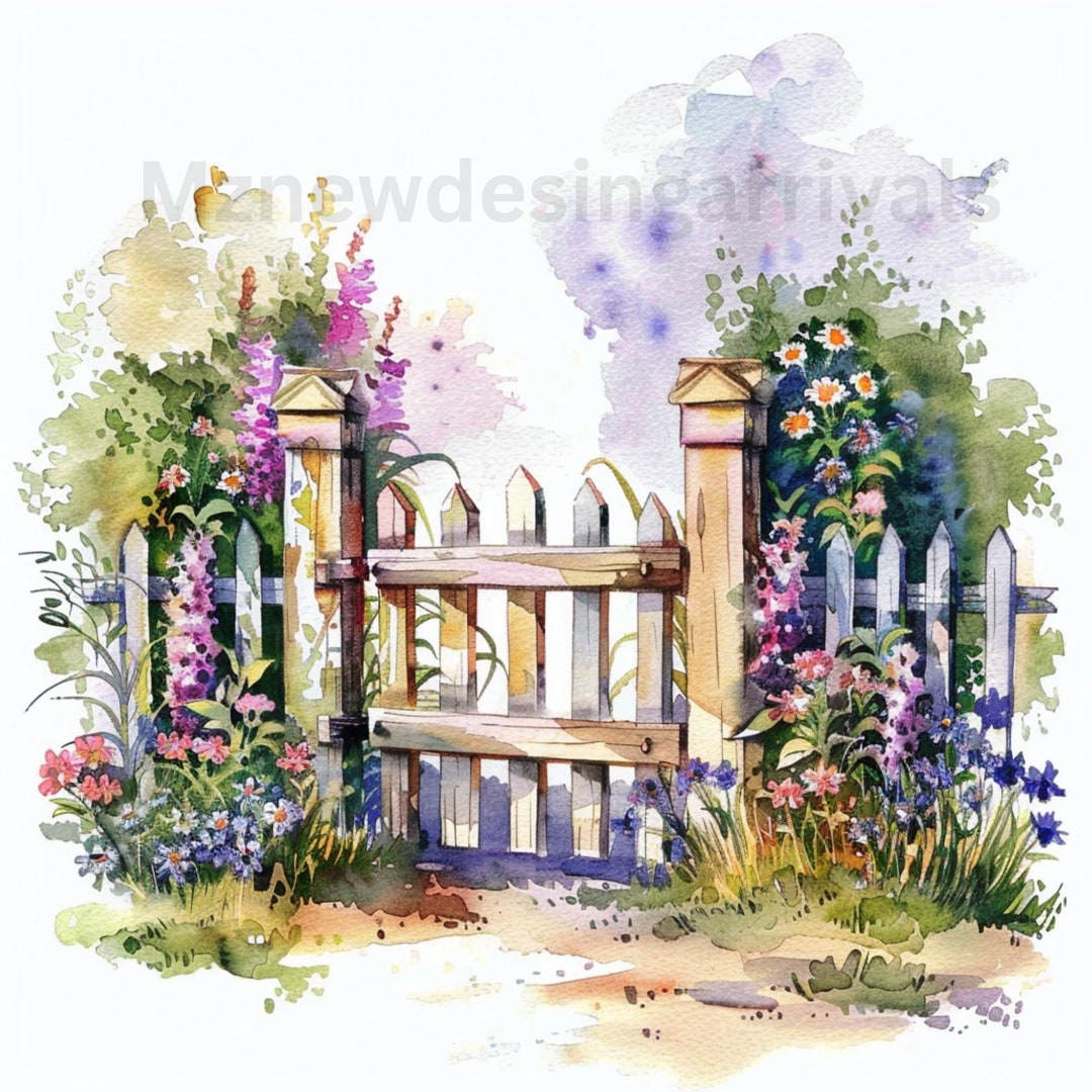 4 Floral Garden Gates Clipart, Flower Gates, Printable Watercolor ...