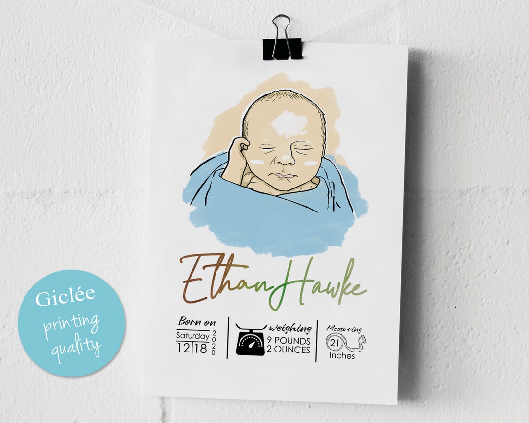 Custom Birth Poster, Custom Illustration Baby, Personalized Birth Stats ...