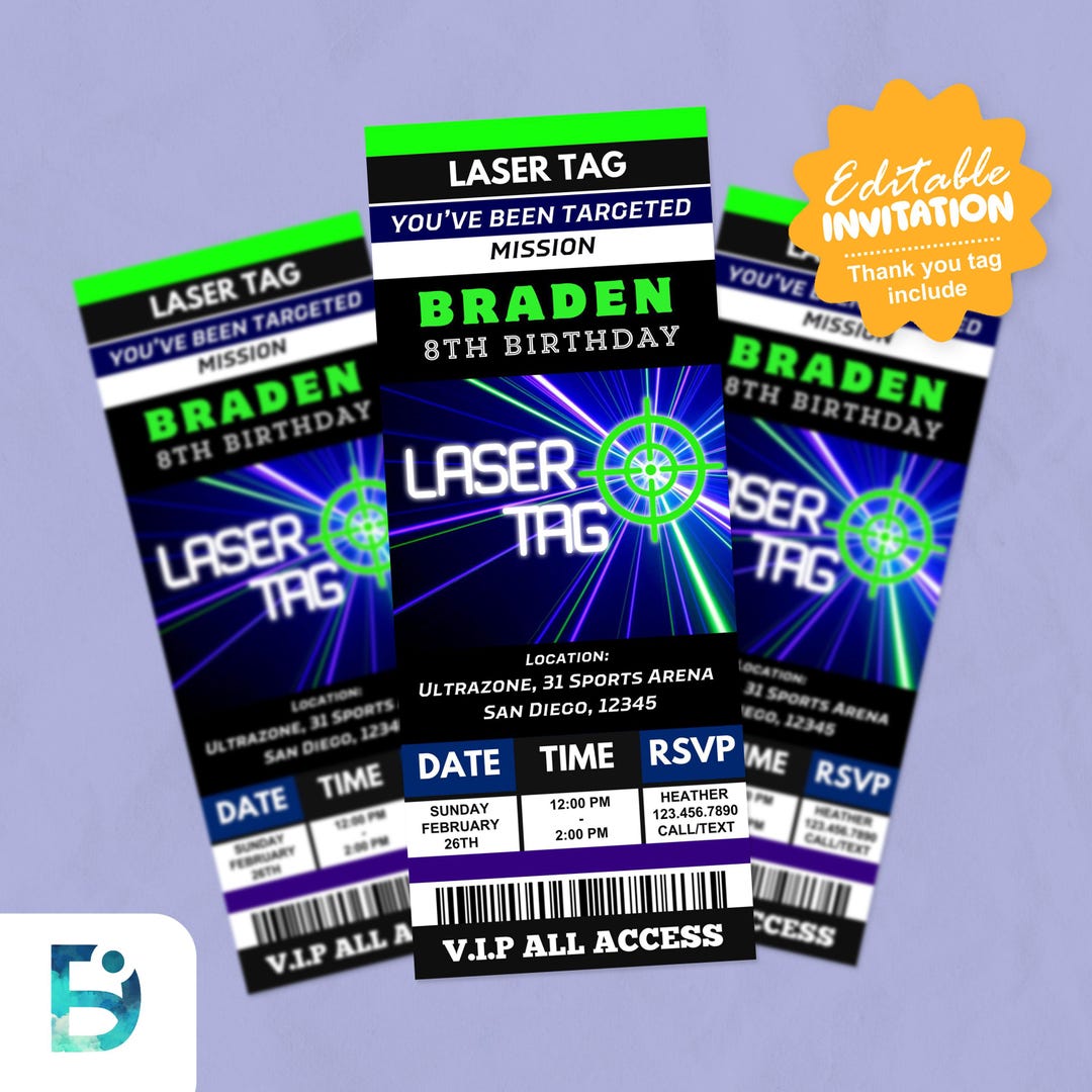 Editable Laser Tag Ticket Birthday Invitation Template, Laser Tag Invitation, Neon Glow, Laser ...