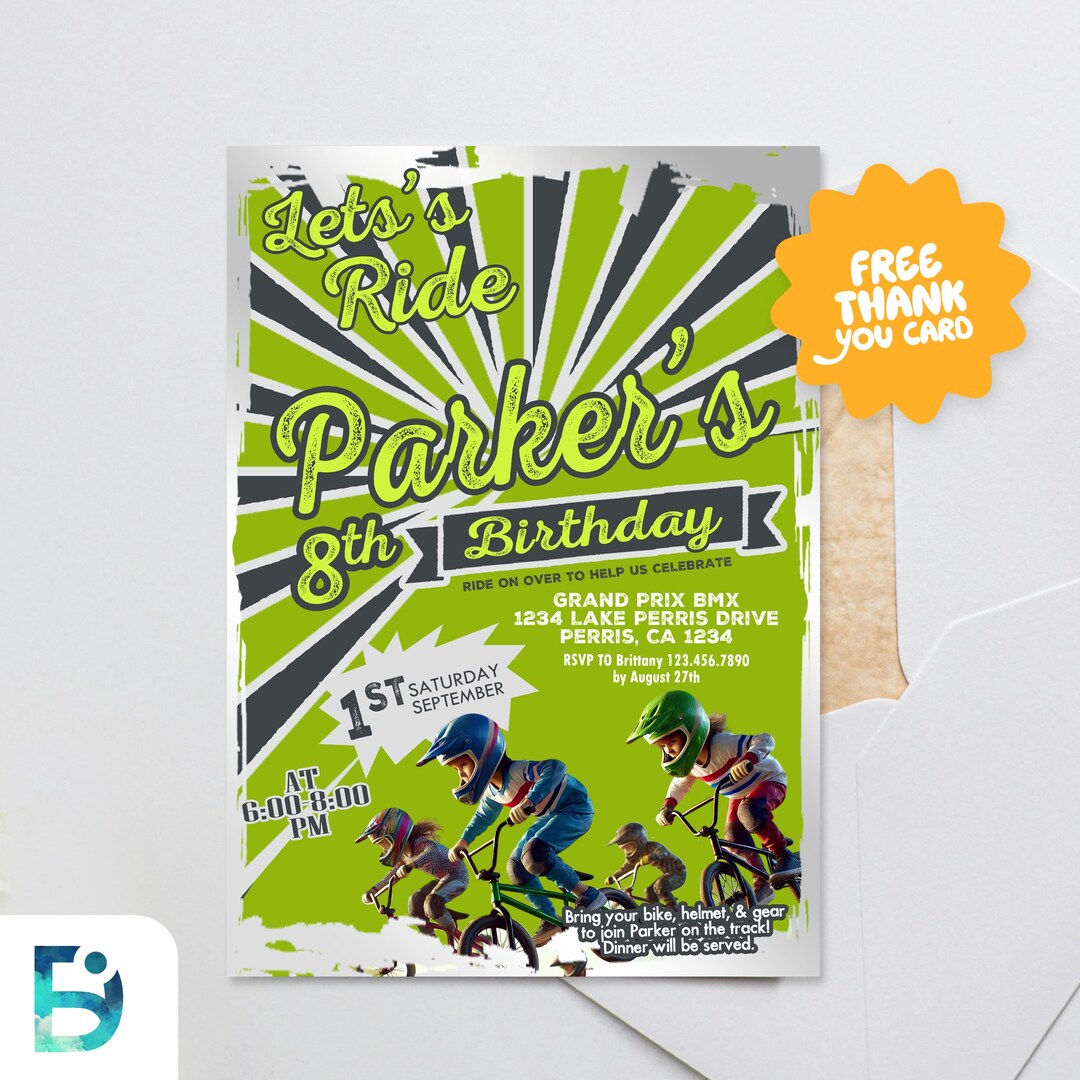 Lets Ride BMX Birthday Invitation, Bicycle Party Invitations, Race Bike ...