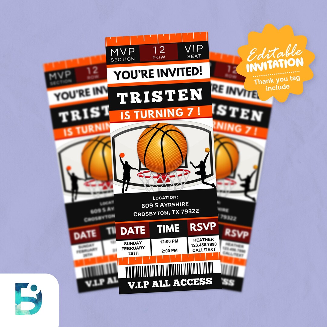 Editable Basketball Invitation, Basketball Birthday Invitation ...