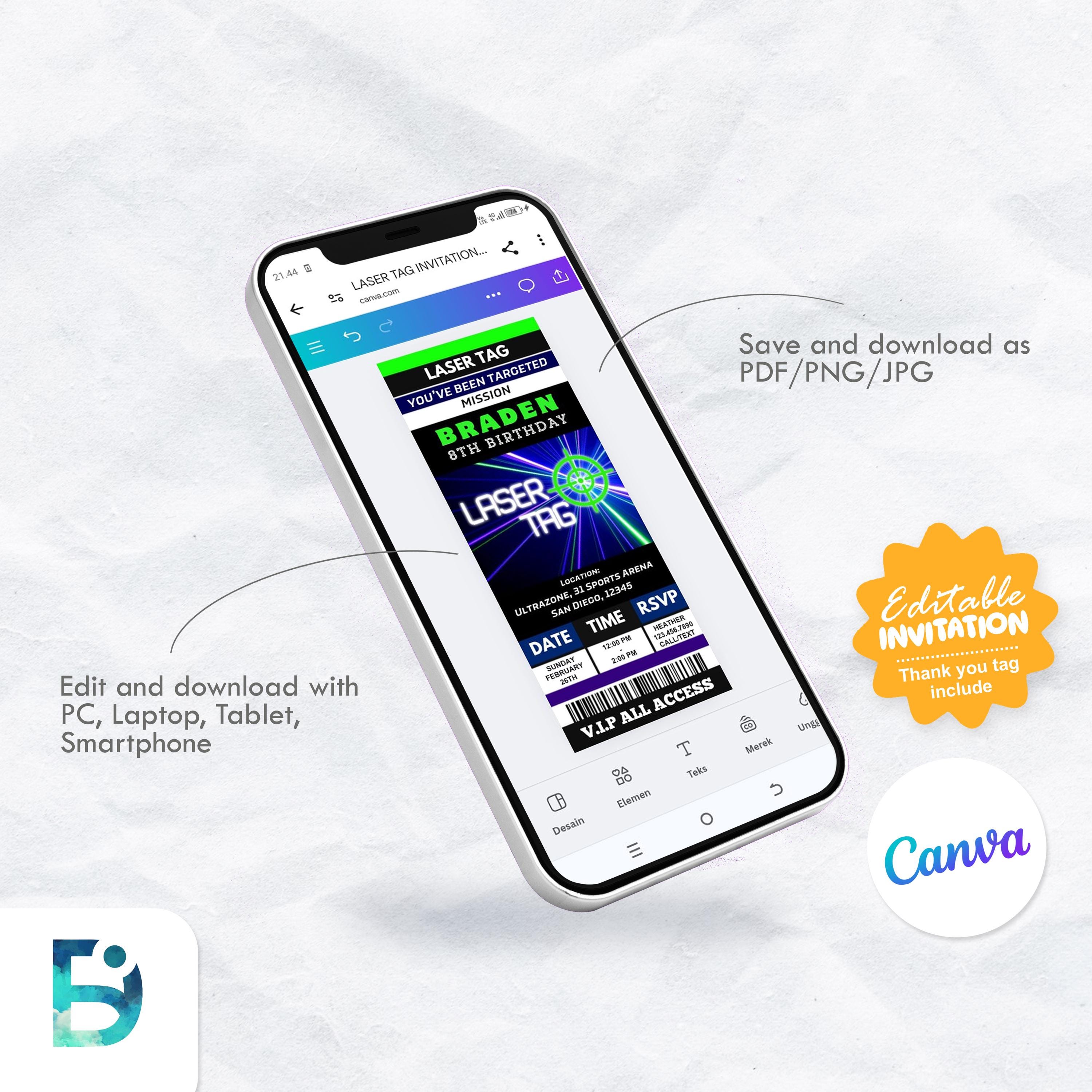 Editable Laser Tag Ticket Birthday Invitation Template, Laser Tag ...