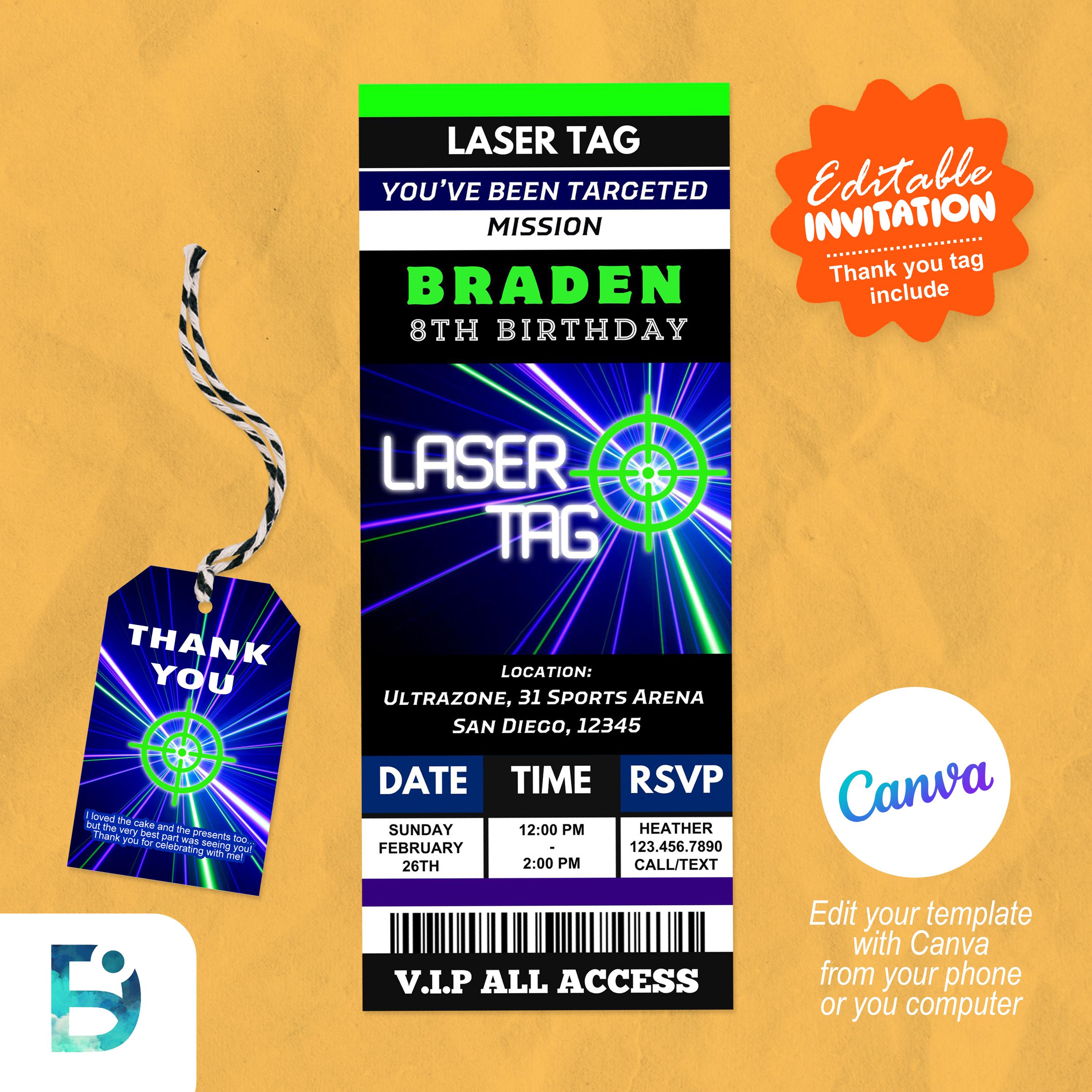 Editable Laser Tag Ticket Birthday Invitation Template, Laser Tag ...
