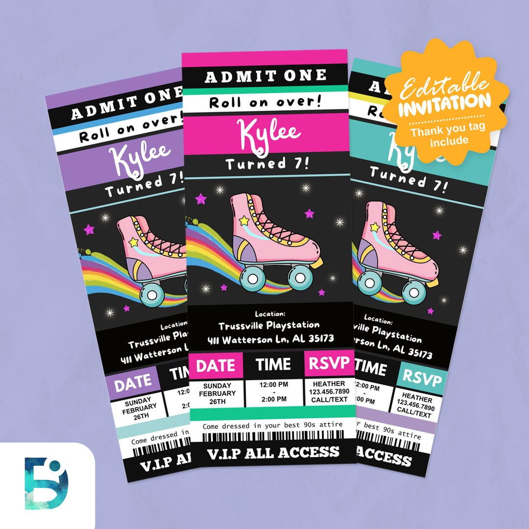 Editable Roller Skate Ticket Birthday Party Invitation, Roller Skate Birthday Invite, Retro ...