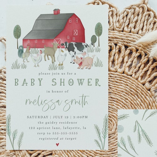 Editable Farm Baby Shower Invitation. Red Farm Animals Baby - Etsy