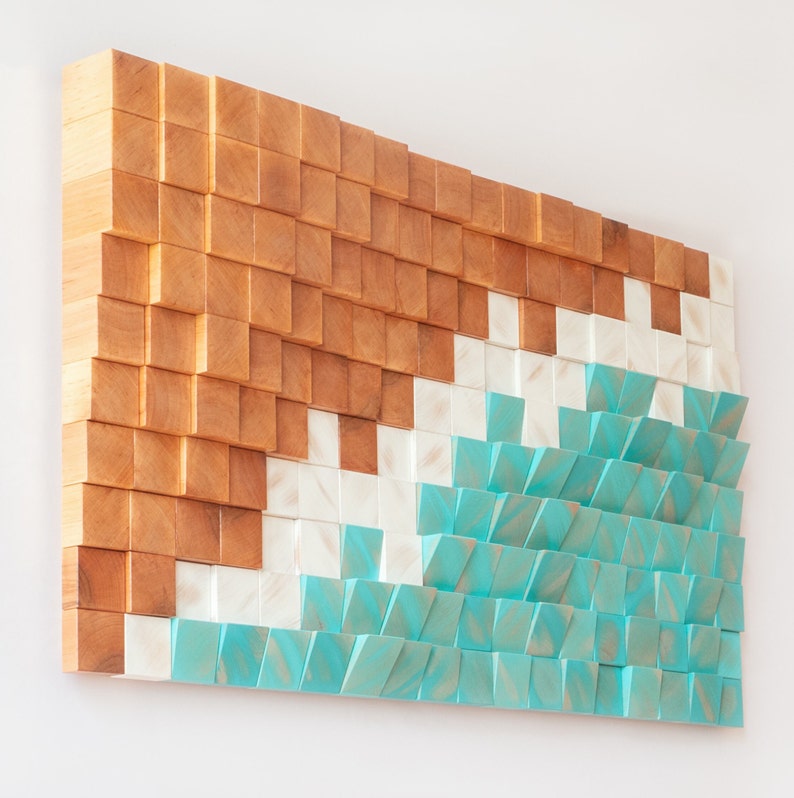 3D Wall Sculpture Wood Block Art Wood Wall Sculpture Wood Relief Cyan ...