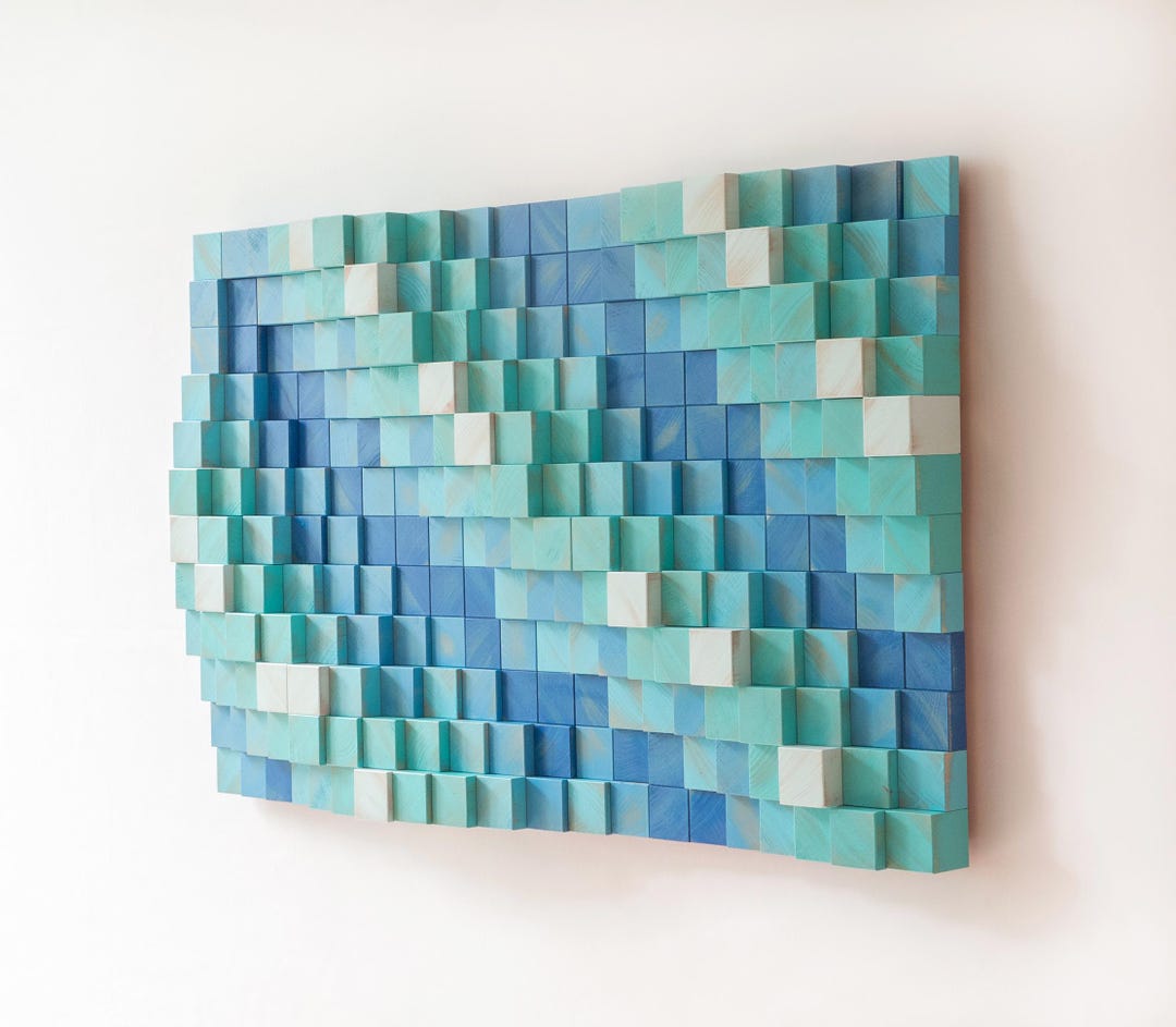Parametric 3D Textured Wood Wall Art - Turquoise Ocean Wave Sculpture ...