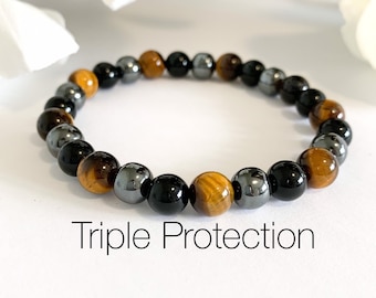 Black Obsidian, Tiger Eye, Hematite Triple Protection Gemstone Bracelet ...