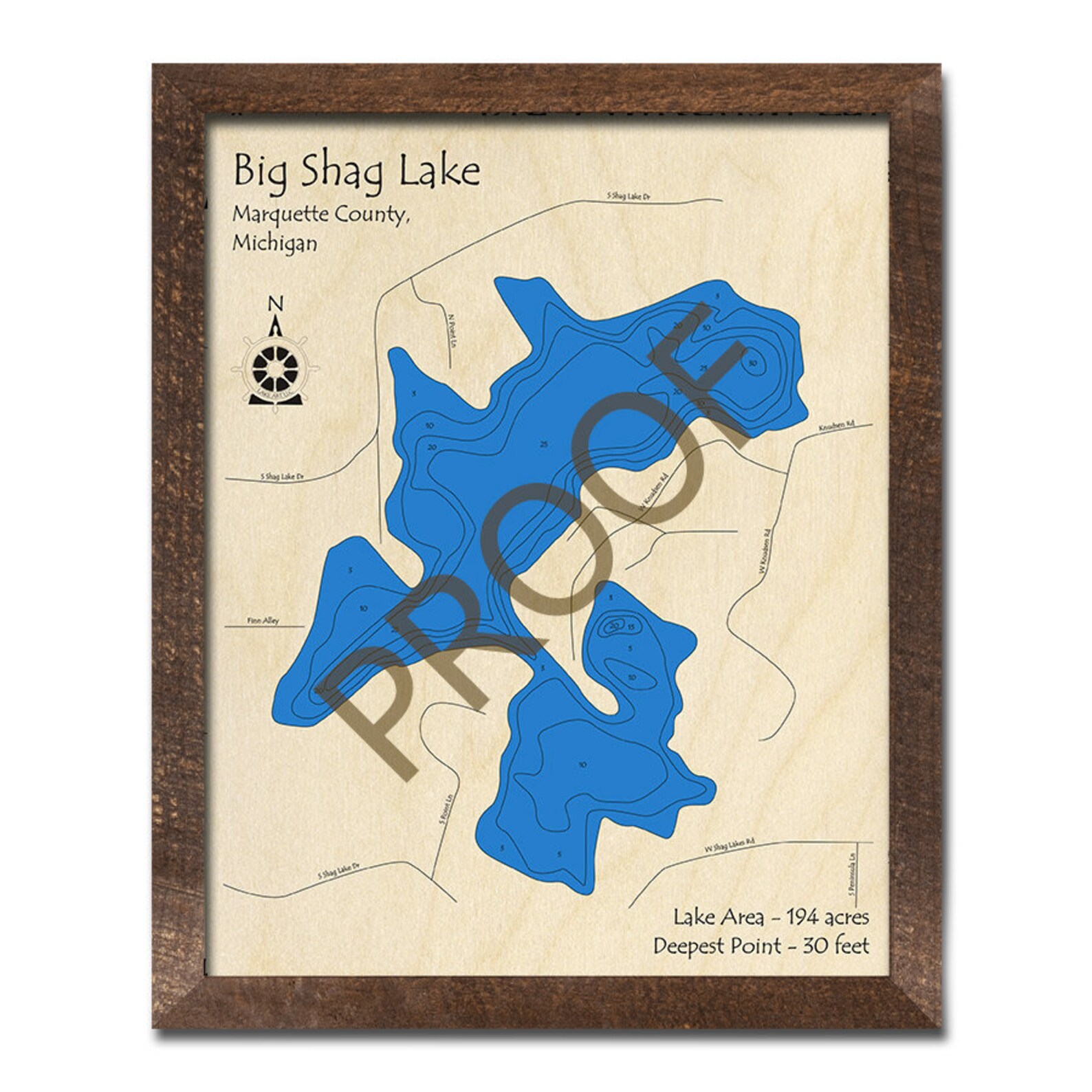 Big Shag Lake, MI 3D Wood Map | Custom Nautical Map, Cabin Decor, Lake ...