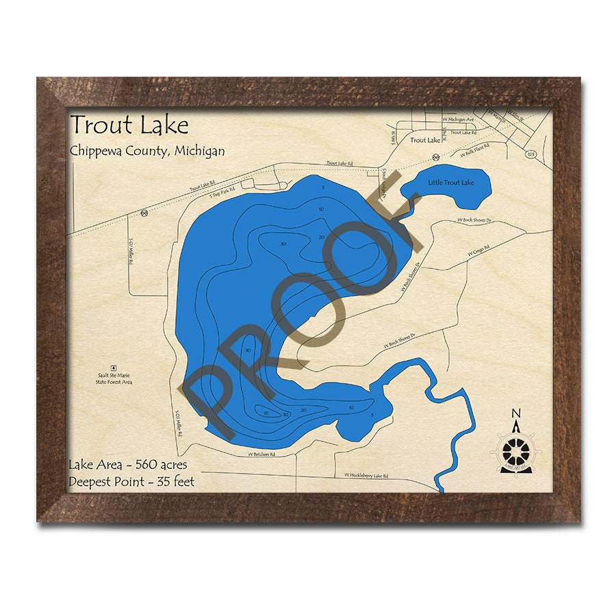 Trout Lake MI 3D Wood Carved Map Custom Nautical Map Cabin - Etsy.de