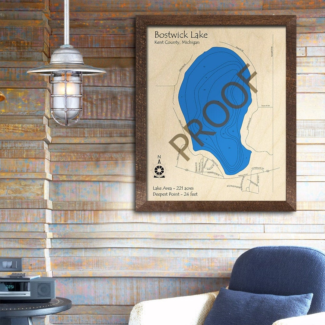Bostwick Lake, MI 3D Wood Map | Custom Nautical Map, Cabin Decor, Lake ...