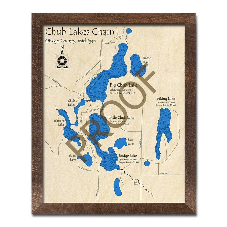 Chub Chain of Lakes - Chub Lake - Viking Lake, MI 3D Wood Map | Custom ...