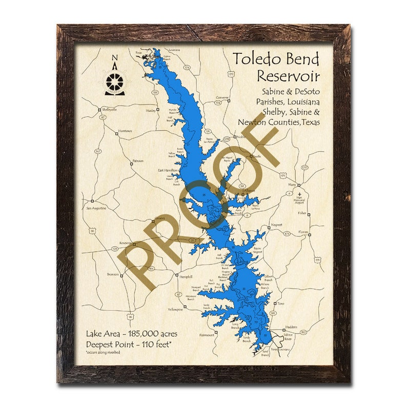 Wooden Toledo Bend Reservoir Map 3D Wood Chart Custom Lake - Etsy