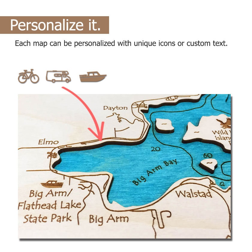 Flathead Lake Map - 3D Nautical Wood Map Flathead Lake MT Laser-etched ...